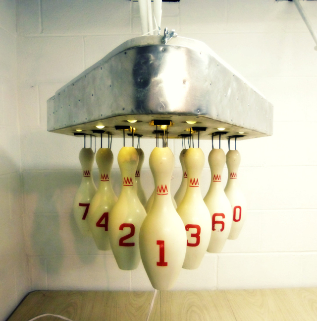 Bowling Pin Hanging Lamp Made From 1950s Arcade Shuffle Game