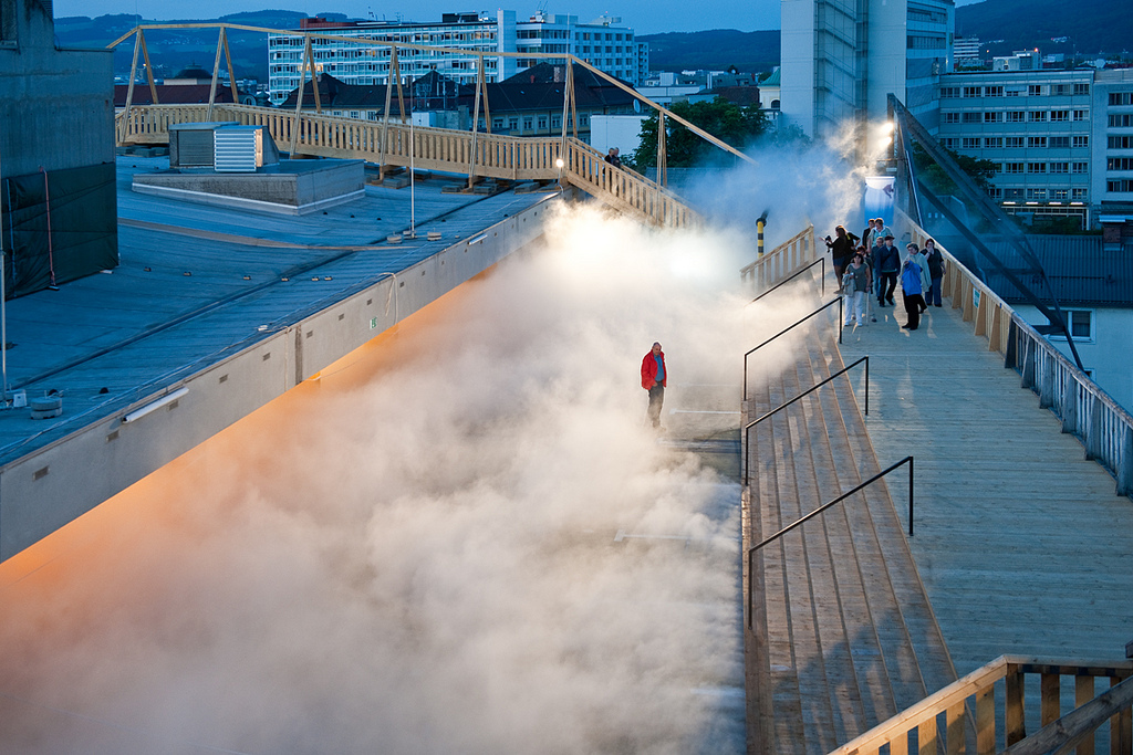 Cloud Parking, Fog Art Installation in a Rooftop Parking Lot