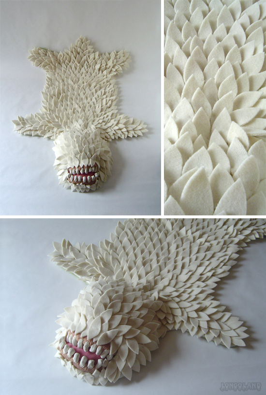Grey and White Monster Skin Rugs Made of Felt and Clay