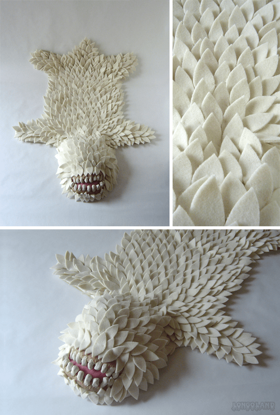 Grey and White Monster Skin Rugs Made of Felt and Clay
