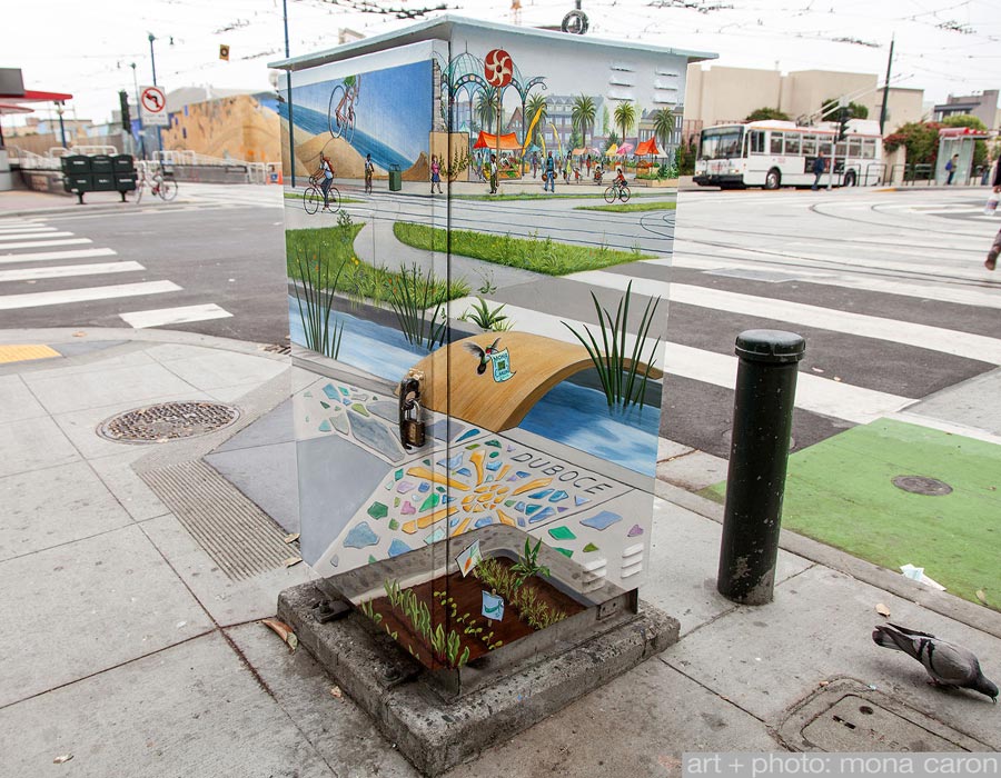 Manifestation Station, Clever Disappearing Utility Box Mural by Mona Caron