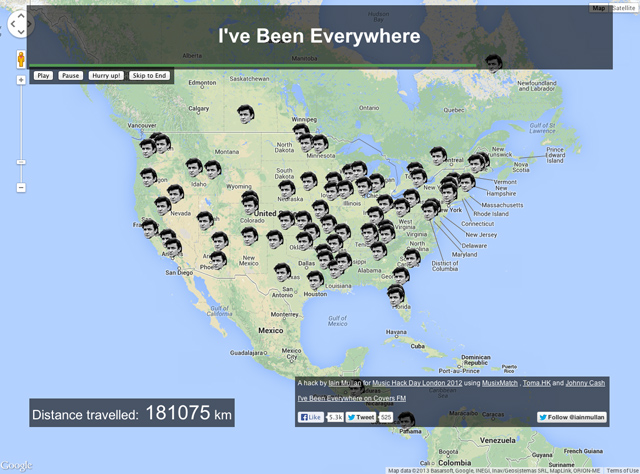 Interactive Map of 'I've Been Everywhere' by Johnny Cash