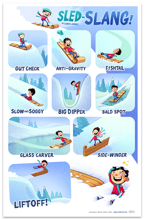 Winter Hazards and Sled Slang Holiday Posters by Chris Jones