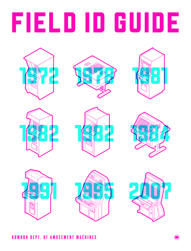 Classic Arcade Machines Illustrated in the Style of a Technical Field Guide