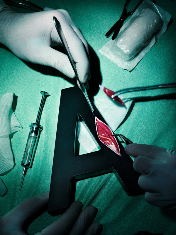 'Evolution of Type', Letter Sculptures With Exposed Flesh and Bone