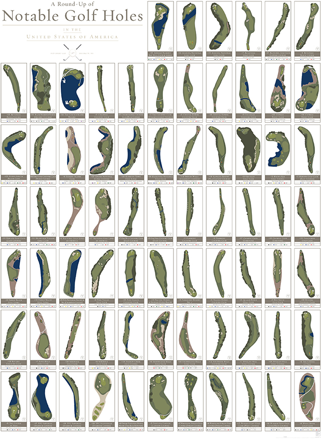 An Art Print Featuring 72 Notable Golf Holes in the United States of ...