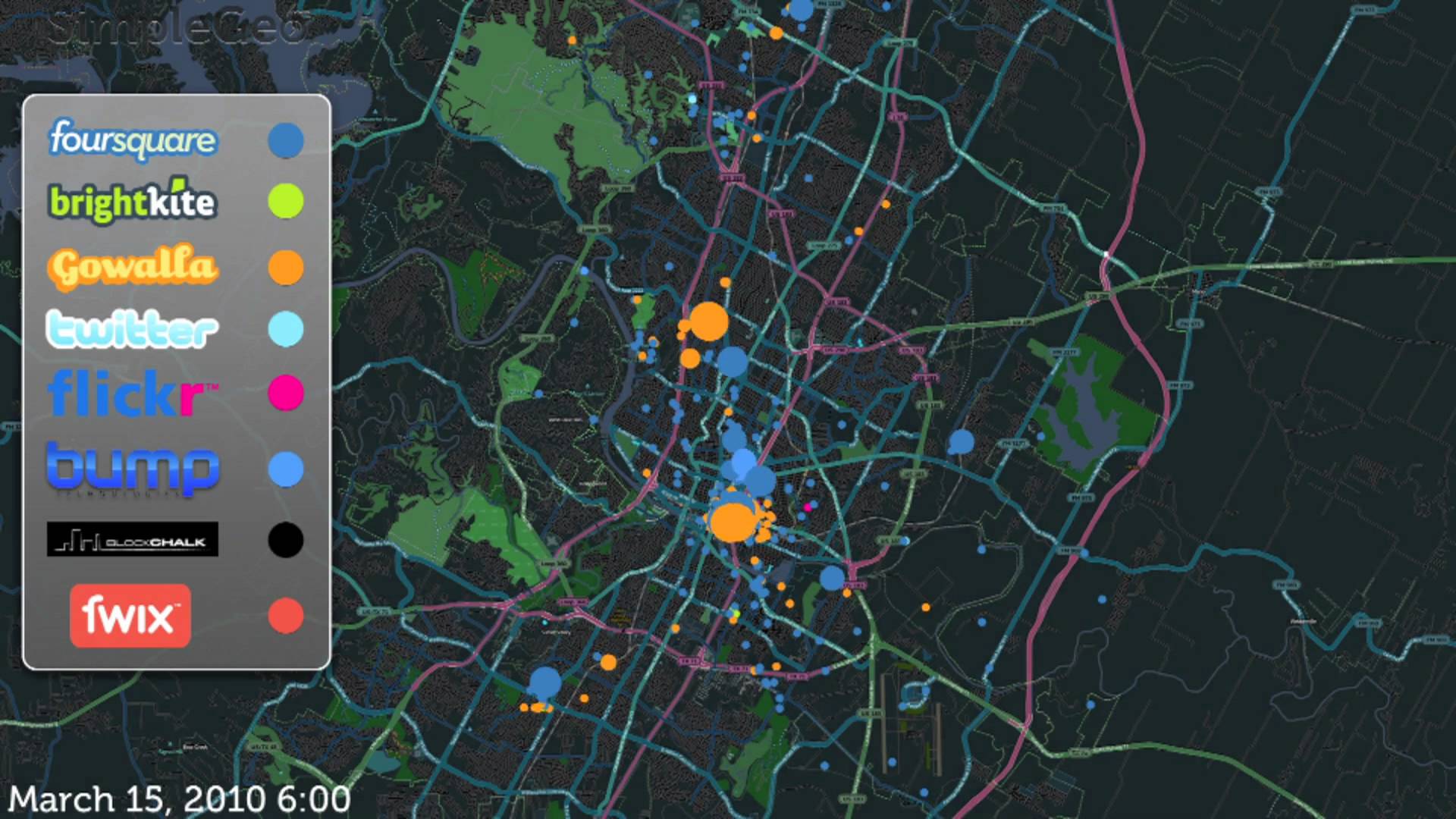 SXSW 2010 Interactive Geolocation Check-In Data Visualization by SimpleGeo