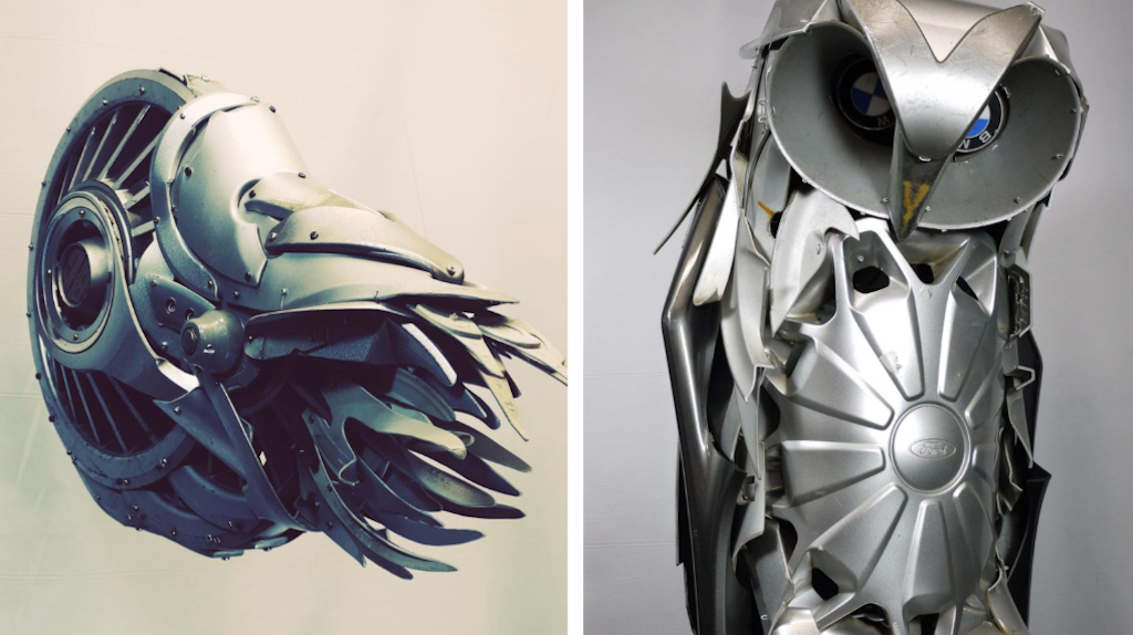 Beautiful Metallic Animal Sculptures Made From Hubcaps and Other Scrap ...