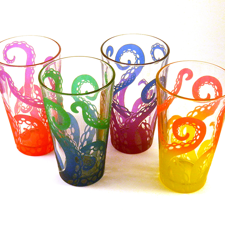 Colorful Handmade Beverage Glassware Featuring Etched and Painted Tentacles