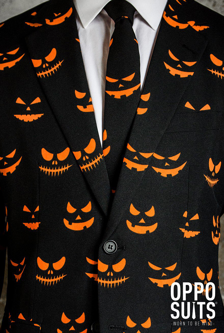 Creepy Cool Black Halloween Suit Featuring a Pattern of Orange Jack-o ...
