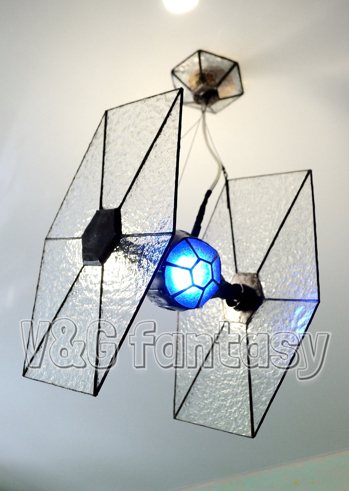 A Handmade Stained Glass TIE Fighter Hanging Lamp