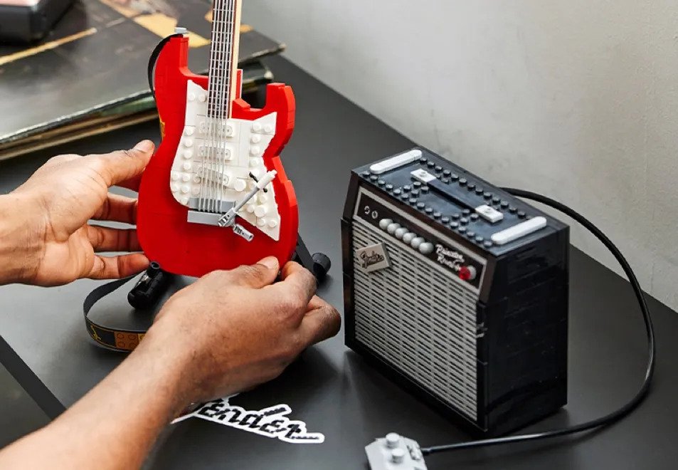 A LEGO Fender Stratocaster Guitar With an Amp, Tuning Pegs, a Pickup ...