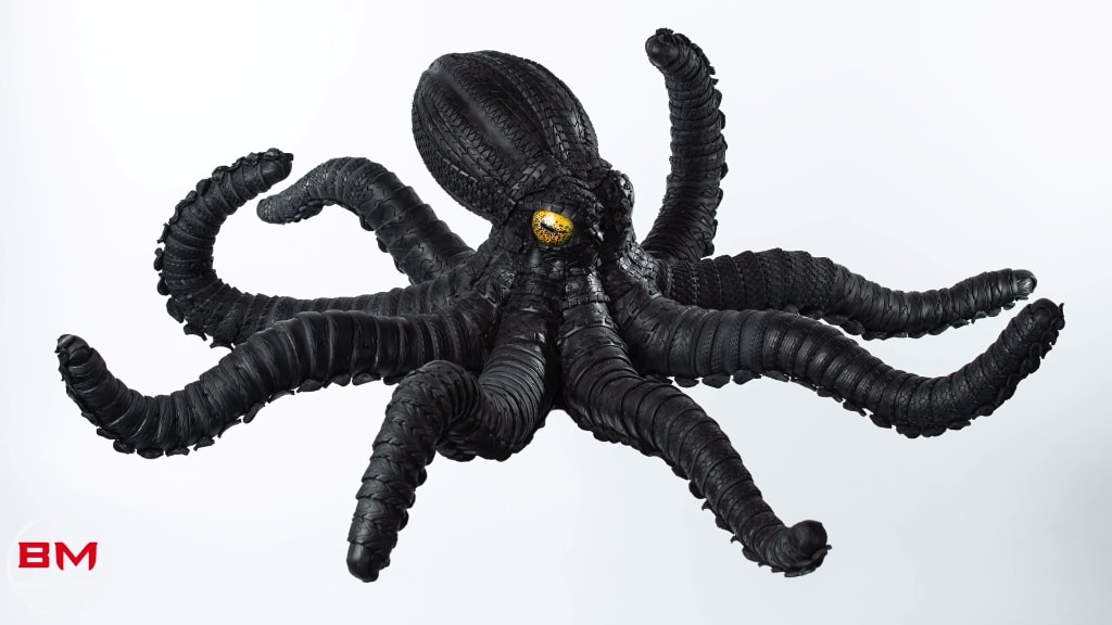 A Detailed Octopus Sculpture Made From Recycled Tires