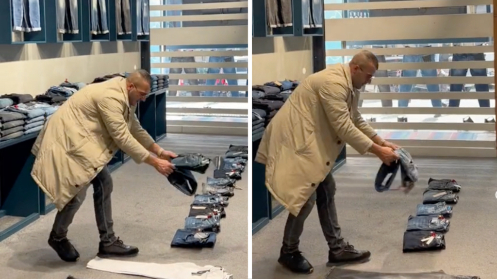Designer Folds Jeans Using a Single Snapping Motion