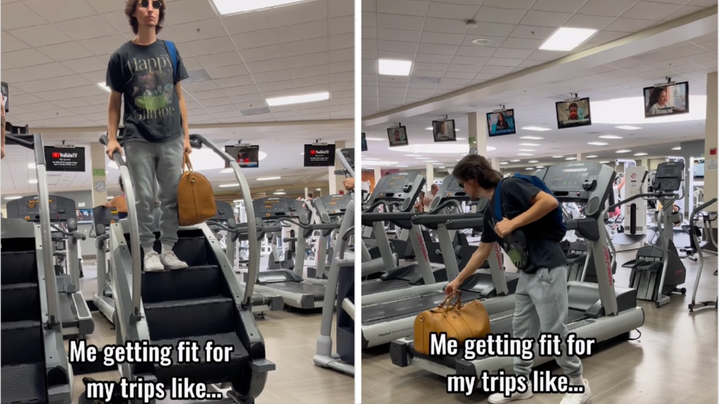Man Uses Gym Equipment to Prepare for Air Travel