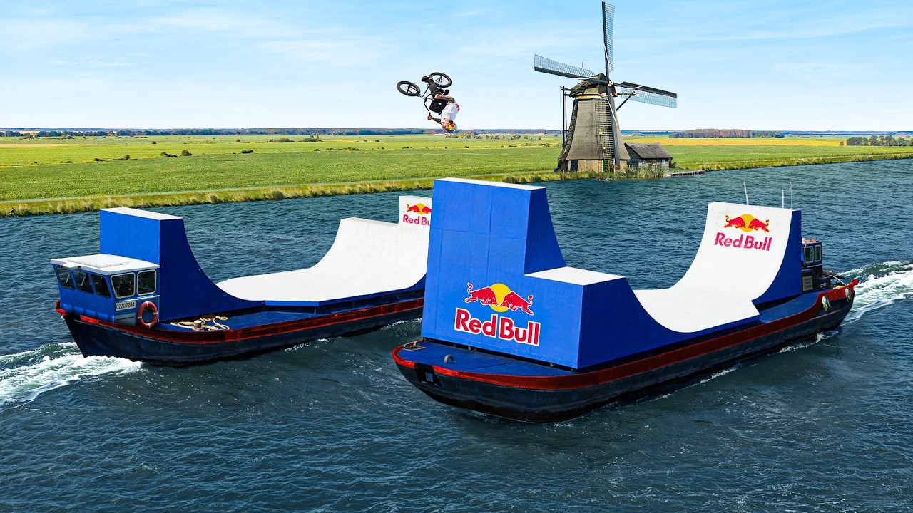 BMX Rider Performs Daring Loops Between Two Boats Moving in Opposite ...