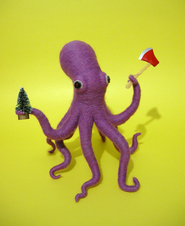 Needle-Felted Ax Wielding Octopus & Forest Squid by Hiné Mizushima