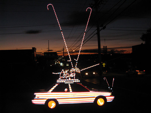 Candy Cane Car, A Red & White Striped Reflective Art Car