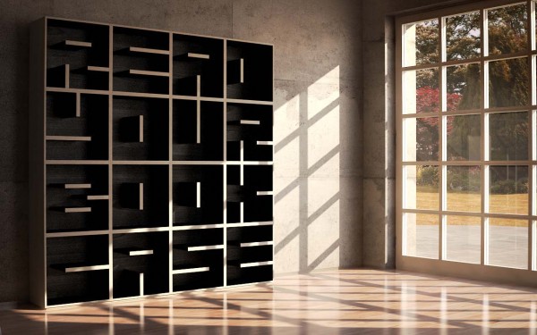 Modular Bookcase System Consists of Alphanumeric Shelving Cubes